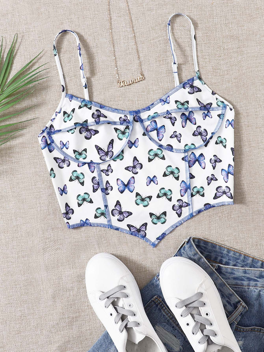 Allover Butterfly Print Contrast Stitch Cami Top – Dapparel Store