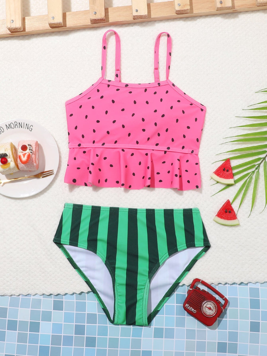 Girls Watermelon Print Ruffle Hem Bikini Swimsuit – Dapparel Store